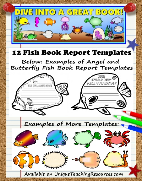 Dive Into Reading Book Reports: fish templates, grading rubric and banner.